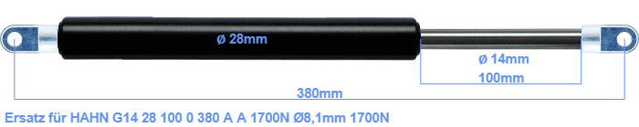 Ersatz für HAHN G14 28 100 0 380 A A 1700N Ø8,1mm Auge - Gasfedershop.de